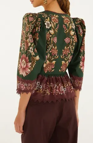 Farm Rio Daniela Floral Cotton Peplum Top - Daniela Green