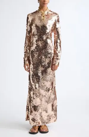 Rabanne Long Sleeve Sequin Evening Dress - Rose Gold/yellow