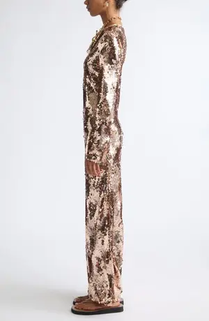 Rabanne Long Sleeve Sequin Evening Dress - Rose Gold/yellow