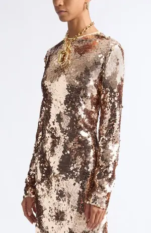 Rabanne Long Sleeve Sequin Evening Dress - Rose Gold/yellow