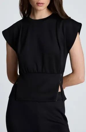KENNETH COLE Sleeveless Pleated Shoulder Crewneck Top