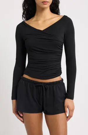 Free People Free People Faux Wrap Ruched Long Sleeve Crop Top Black