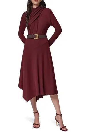 Donna Karan New York Mock Neck Long Sleeve Asymmetrical Hem Dress - Black Cherry