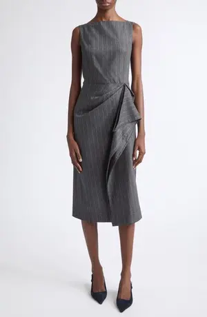 Oscar De La Renta Sleeveless Pinstripe Stretch Virgin Wool & Cashmere Draped Pencil Dress - Charcoal