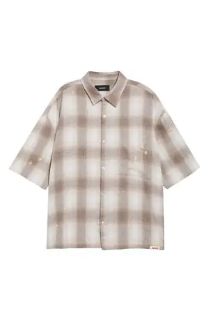 NAHMIAS Oversize Floral Embroidered Plaid Short Sleeve Cotton Flannel Button-up Shirt - Sand