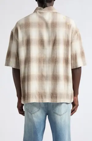 NAHMIAS Oversize Floral Embroidered Plaid Short Sleeve Cotton Flannel Button-up Shirt - Sand