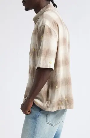 NAHMIAS Oversize Floral Embroidered Plaid Short Sleeve Cotton Flannel Button-up Shirt - Sand