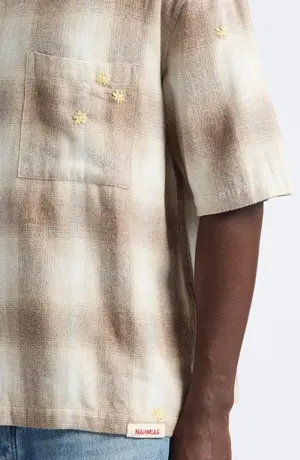 NAHMIAS Oversize Floral Embroidered Plaid Short Sleeve Cotton Flannel Button-up Shirt - Sand