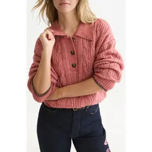 Scotch & Soda Boxy Cable Knit Polo Sweater - Withered Rose