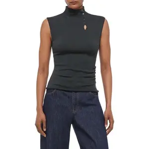 Helmut Lang Asymmetric Button Mock Neck Sleeveless Top - Forest Night