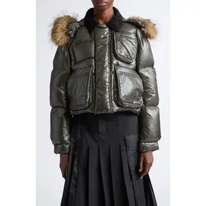 Sacai Crop Down Hooded Puffer - Khaki