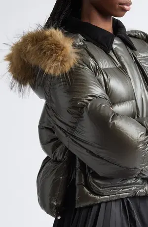 Sacai Cropped Hooded Down Puffer With Faux Fur Trim - Khaki