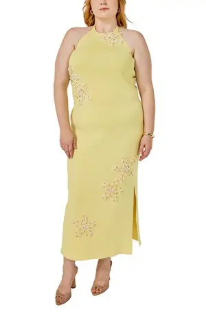 Endless Rose Halterneck Maxi Dress With Beaded Flower Embellishments - Butter