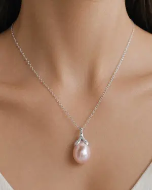 The Pearl Source 10-11mm Pink Freshwater Pearl Olive Drop Pendant - Sterling Silver