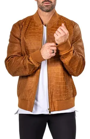 MACEOO Marthyr Croc Embossed Leather Bomber Jacket