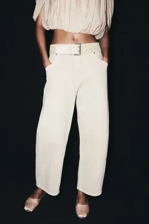 H&M High-waist Barrel-leg Ankle Jeans - Light Beige