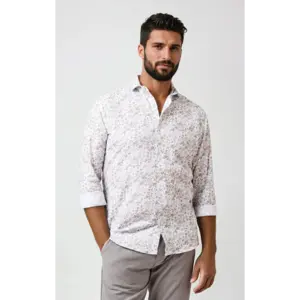 Stone Rose Linen Floral Print Ls Button-up Shirt - Beige