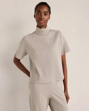 HAVEN WELL WITHIN Ribbed Mock Neck Half Sleeve Top - Mushroom