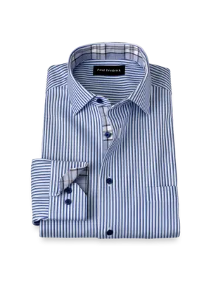 PAUL FREDRICK Cotton Spread Collar Twill Slim Contrast Trim Button Cuff Long Sleeve - Blue