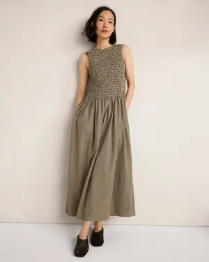HAVEN WELL WITHIN Organic Cotton Poplin Smocked Gingham Maxi Dress - Cortado/nightfall Gingham