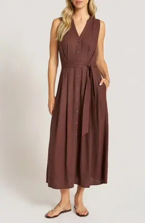 Matty M. Linen Blend Sleeveless V-neck Midi Dress With Sash Belt