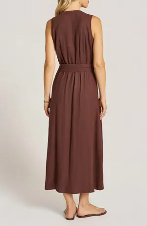 Matty M. Linen Blend Sleeveless V-neck Midi Dress With Sash Belt