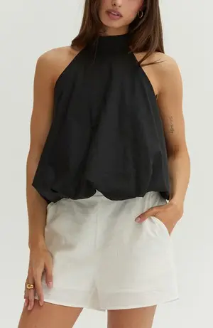CRESCENT Bubble Hem Poplin Halter Top - Black