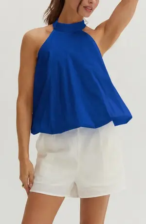 CRESCENT Bubble Hem Poplin Halter Top Cobalt