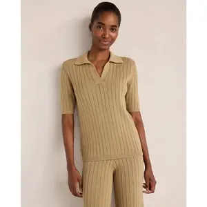 HAVEN WELL WITHIN Organic Cotton Ribbed Short Sleeve Polo Sweater - Truffle