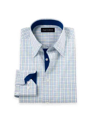 PAUL FREDRICK Cotton Spandex Point Collar Poplin Slim Contrast Trim Button Cuff Long Sleeve - Blue Multi