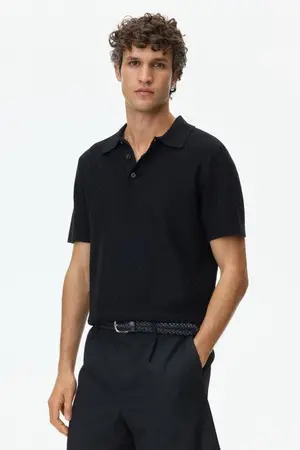 H&M Slim-fit Textured-knit Polo Shirt Black
