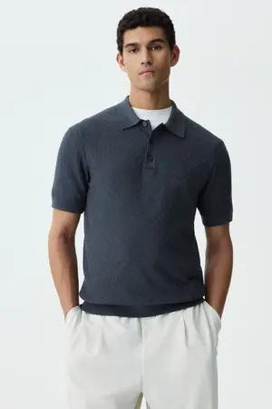 H&M Slim-fit Textured-knit Polo Shirt - Dark Gray
