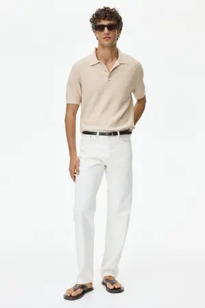 H&M Slim-fit Textured-knit Polo Shirt - Light Beige