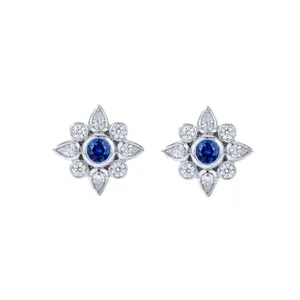 QIRAT FINE JEWELRY Round Sapphire With Pear & Round Diamond Halo Bezel Stud Earrings - Blue