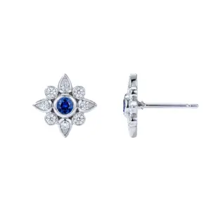 QIRAT FINE JEWELRY Round Sapphire With Pear & Round Diamond Halo Bezel Stud Earrings