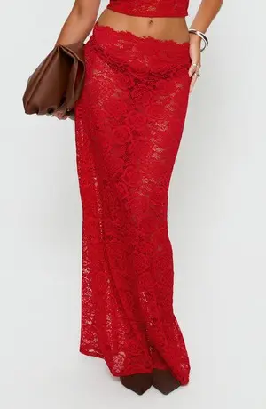 Princess Polly Vionna Sheer Floral Lace Maxi Skirt - Red