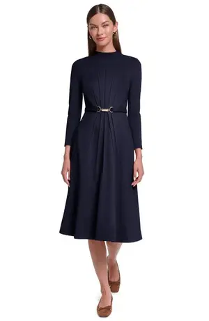 Halston Long Sleeve Knit Midi Dress With Hardware - Deep Navy