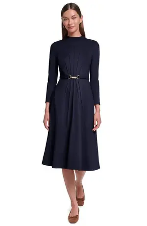 Halston Long Sleeve Knit Midi Dress With Hardware Detail - Deep Navy