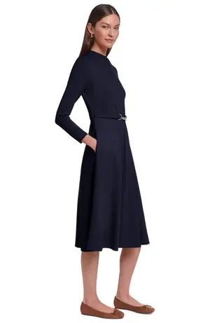 Halston Long Sleeve Knit Midi Dress With Hardware Detail - Deep Navy