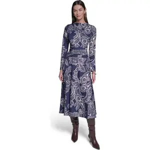 Halston Long Sleeve Paisley Printed Jersey Midi Dress - Navy Multi