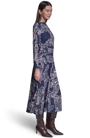 Halston Long Sleeve Paisley Printed Jersey Midi Dress - Navy Multi