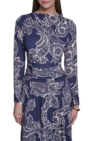 Halston Long Sleeve Paisley Printed Jersey Midi Dress - Navy Multi