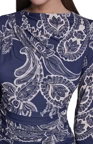 Halston Long Sleeve Paisley Printed Jersey Midi Dress - Navy Multi