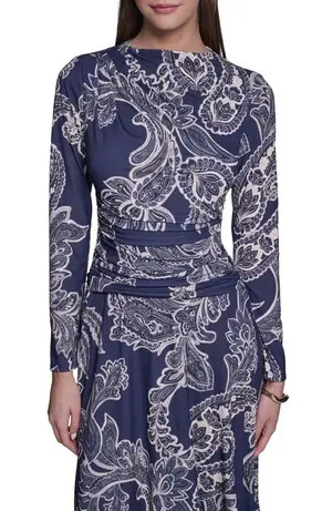 Halston Long Sleeve Paisley Printed Jersey Midi Dress - Navy Multi