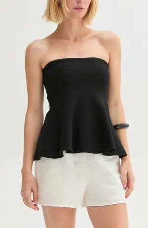 CRESCENT Jacquard Knit Peplum Strapless Top - Black