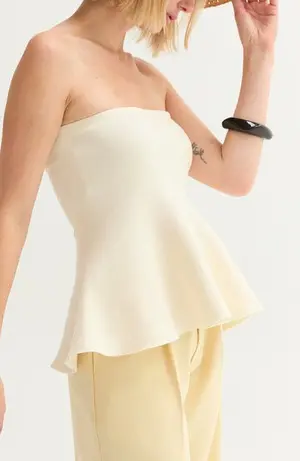 CRESCENT Jacquard Knit Peplum Strapless Top - Cream