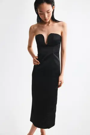 H&M Fitted Bandeau Midi Dress With Sweetheart Neckline And Slit
