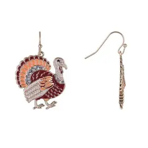 HALLMARK Enamel Turkey Dangle Earrings With Rhinestone Accents - Orange