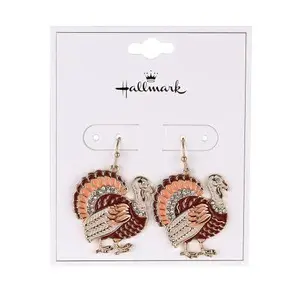 HALLMARK Enamel Turkey Dangle Earrings With Rhinestone Accents - Orange