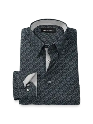 PAUL FREDRICK Cotton Spandex Point Collar Pinpoint Classic Contrast Trim Button Cuff Long Sleeve - Black/grey